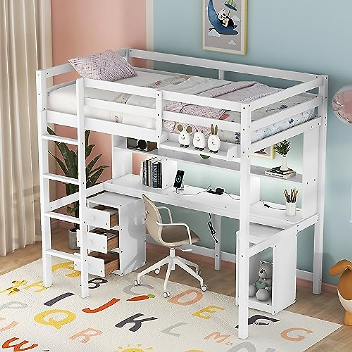 WADRI Twin Size Loft Bed with Multi-Storage Desk, Wood Loft Bed Frame with LED Light and Bedside Tray, Loft Bed with Charging Station for Kids Teens Adult, Space-Saving Design