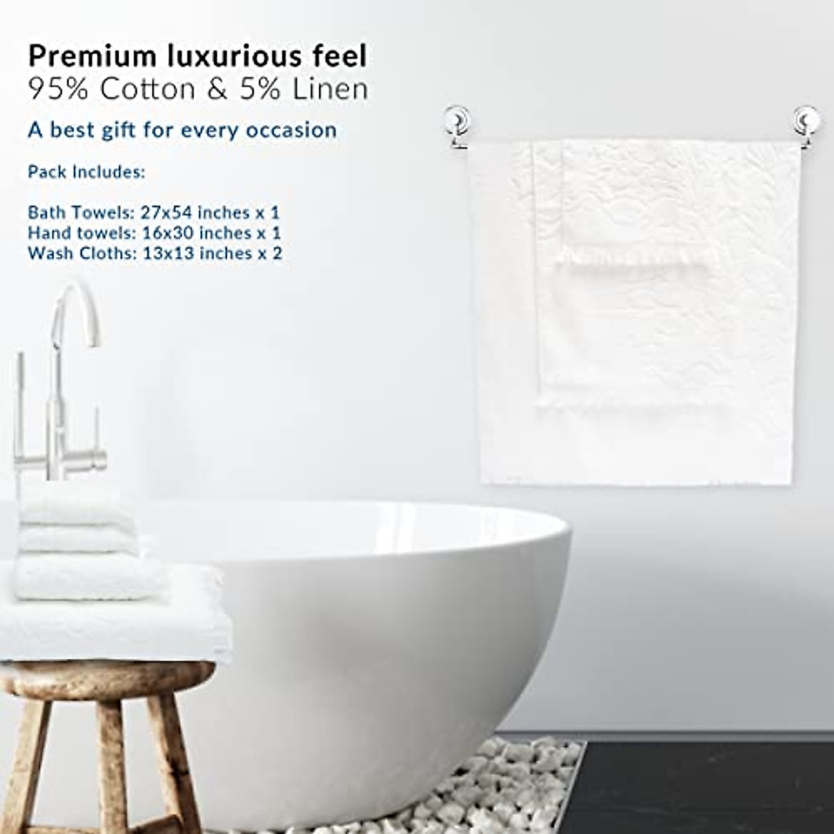 GOLD TEXTILES Fantasy Collection Premium Bathroom Towel Set Includes Oversized Bath Towel (27x54) - Hand Towel (16x30) 2 washcloths (13x13) - Perfect for Gift, Home,Hotel –Lightweight(White, Elegance)