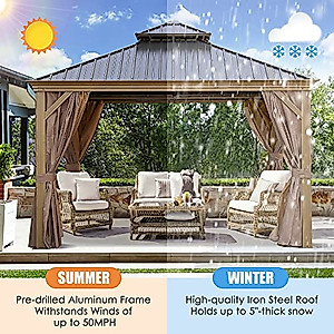 DHHU Outdoor Gazebo, 12' X 12' Patio Gazebo with Galvanized Steel Double Roof & Aluminum Frame, Hardtop Gazebo with Netting and Curtains,Patio Gazebo Pergola Pavilion for Gardens, Backyard Deck