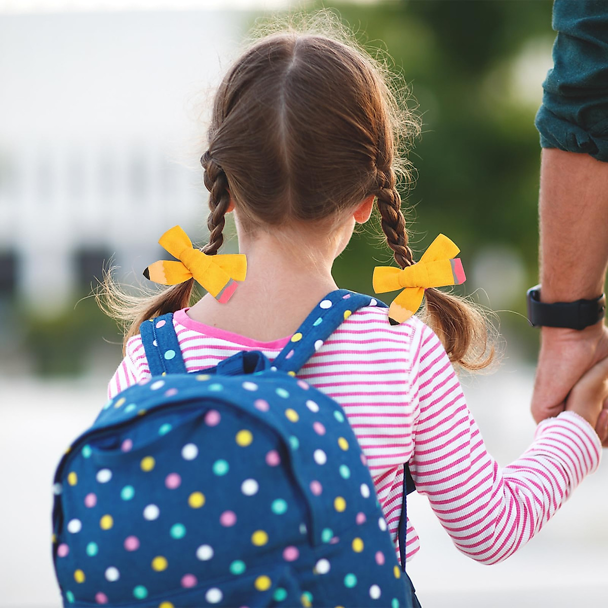 Fepibur 4 PCS Back To School Hair Clips for Girls, Hand Painted Yellow and Pink Pencil Bows, Hair Accessories for Little Teen Toddler Girls Students