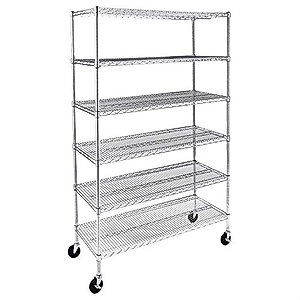AmazonCommercial Heavy-Duty 6-Tier Steel Wire Shelving with Optional Wheels, NSF Certified, Chrome, 18" D x 48" W x 75" H (76'' H with wheels)