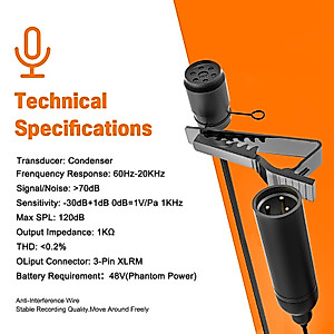 Tendak XLR Lavalier Microphone, Omnidirectional Lapel Mic, Phantom Power with Metal Lapel Clip and Windscreen Accessories Compatible with Canon Sony Panasonic Camcorders for Interview YouTube