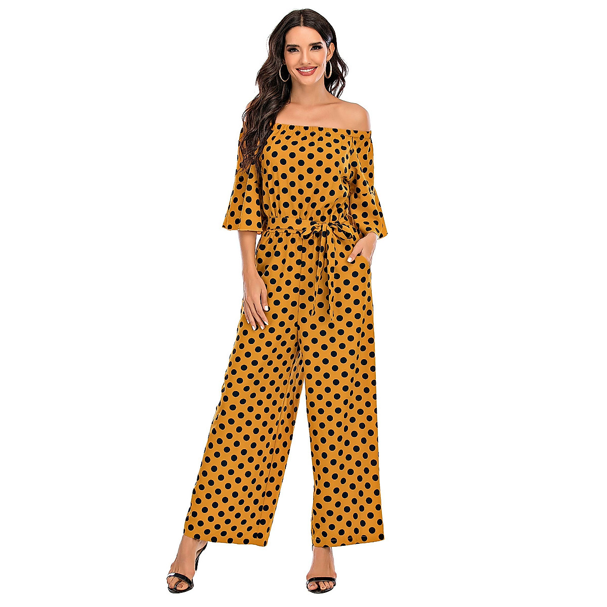 Love Welove Fashion Jumpsuits for Women, Floral Off Shoulder Ruffled Short Sleeve High Waist Wide Leg Pants Romper Dressy