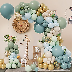 Bonropin 172pcs Dusty Blue Green Balloon Garland Arch Kit with Haze Fog Blue Ash Mist Sage Green Sand White Gold Confetti Balloons for Baby Shower Wedding Bridal Boho Birthday Party Decorations