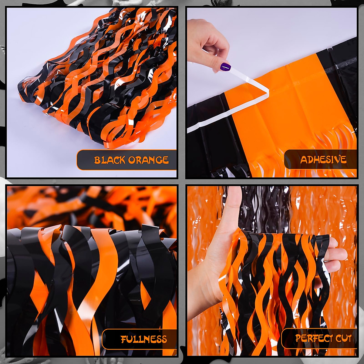 Mega-L Halloween Foil Fringe Curtains, 3 Pack Orange Black Photo Booth Props, 18 Pcs PVC Bat and Spider Stickers Decals Wall Decor Halloween Photo Backdrop for Halloween Party Decoration