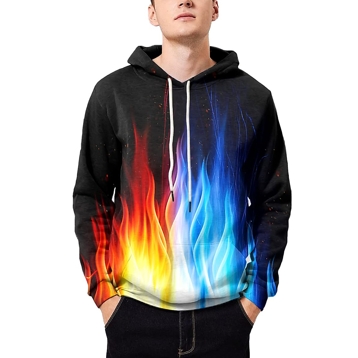 Neemanndy Red and Blue Fire Flame Graphic 3D Hoodies Realistic Print Outer Sports Sweaters for Men and Women, Large