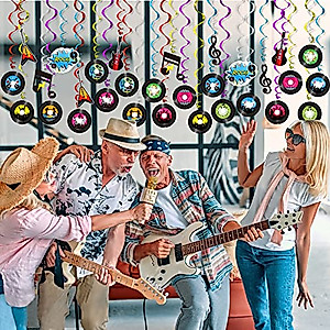 60 Pieces 50s Party Rock and Roll Music Party Decorations Hanging Swirls Music Record Cutouts Hanging Banner Double Sides Ceiling Decor with Streamer Garden Decor for Music Birthday Party Supplies