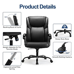 Home Office Desk Chair High Back Adjustable Ergonomic Managerial Rolling Swivel Task Chair Computer PU Leather Executive Chairs with Padded Armrest, Black