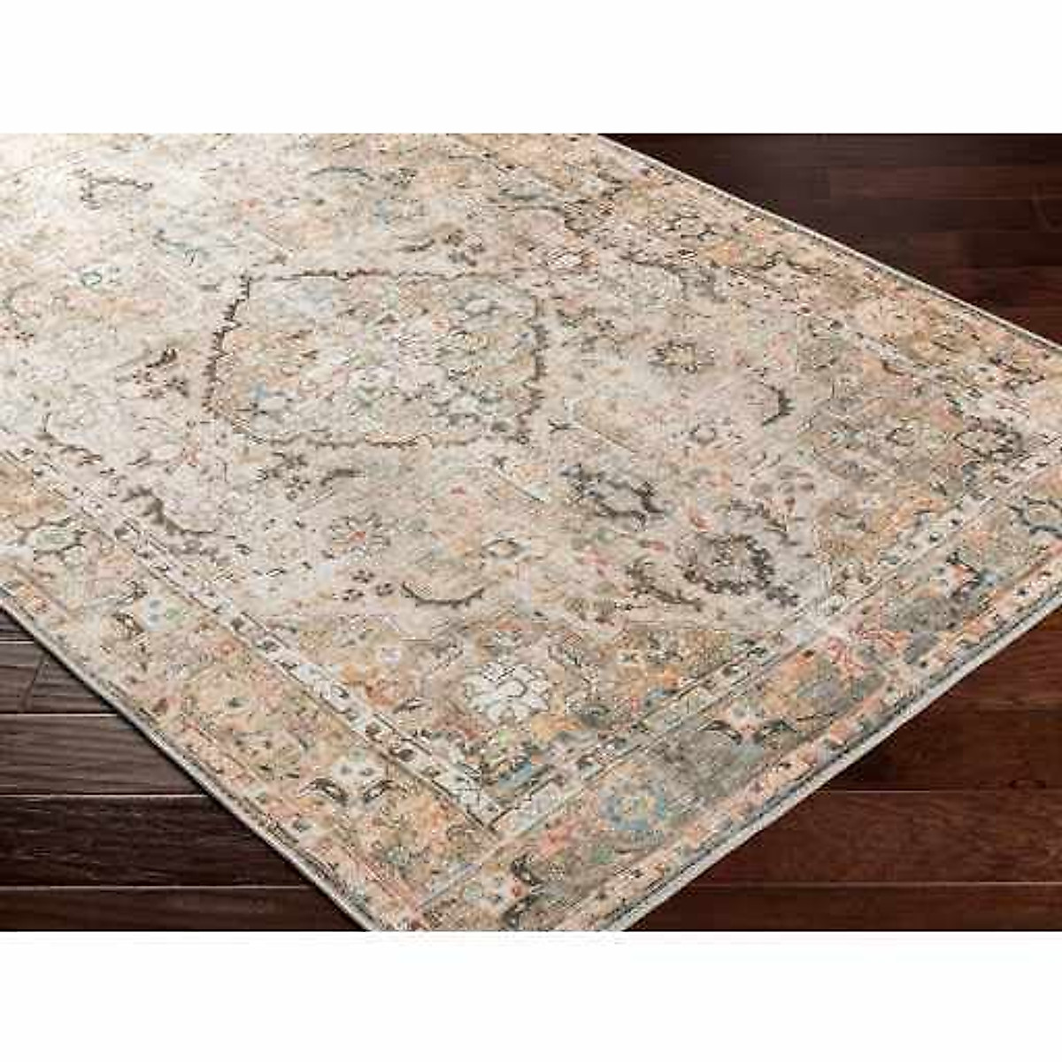 Kemer Collection Machine Washable Area Rug for Living Room Bedroom - Vintage Distressed Faded - Traditional Boho Bohemian Farmhouse Bordered Carpet - Pet Friendly - Brown, Beige, Cream - 8'10" x 12'