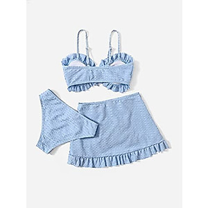 COZYEASE Girls' 3 Pcs Set Tie Front Ruffle Trim Bikini Swimsuit with Beach Skirt Cute Frill Wrap Swimsuit Light Blue 11-12Y