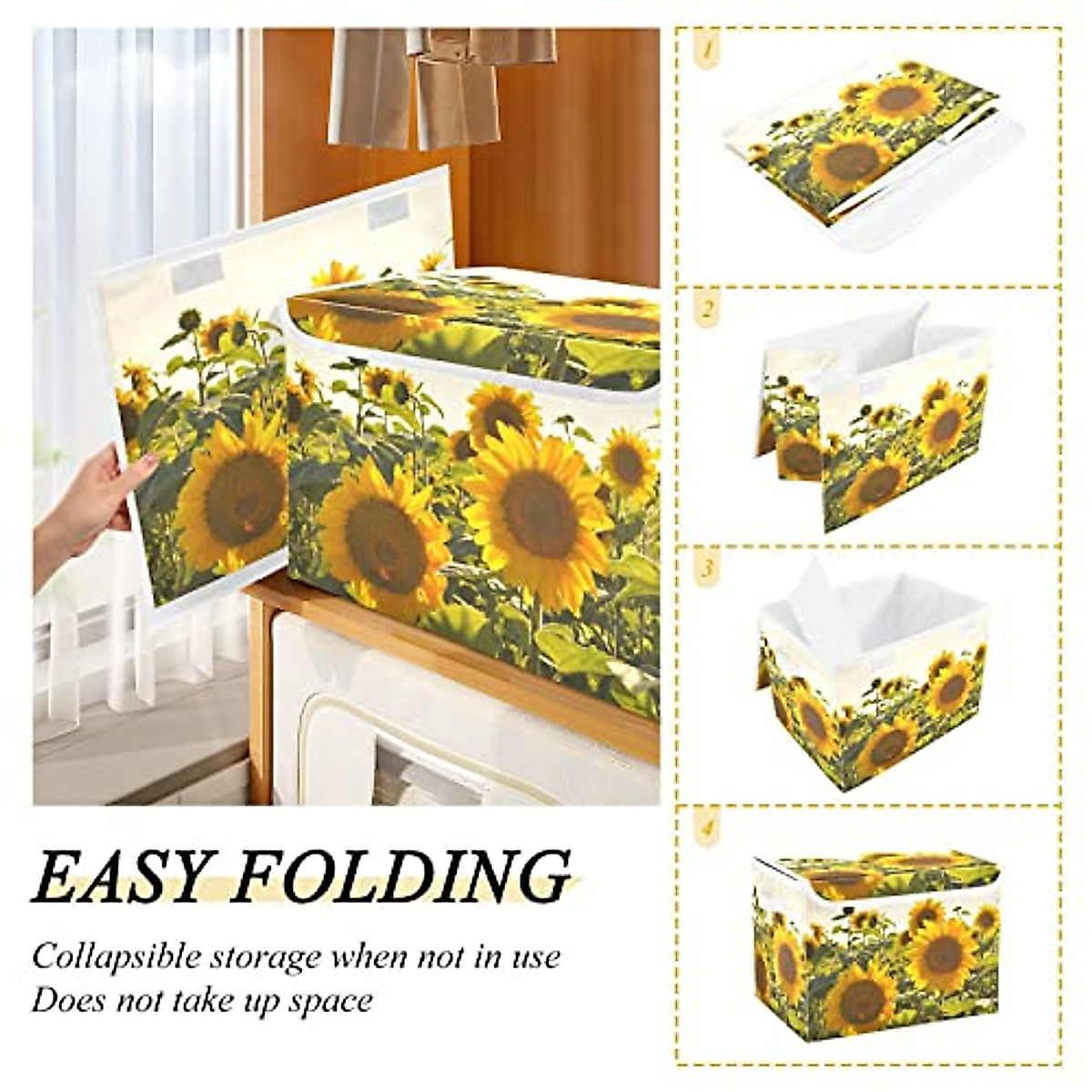 RunningBear Sunflower Field Large Storage Bins with Lid Collapsible Storage Bin Laundry Baskets Decorative Storage Box for Rooms Playroom Shelves