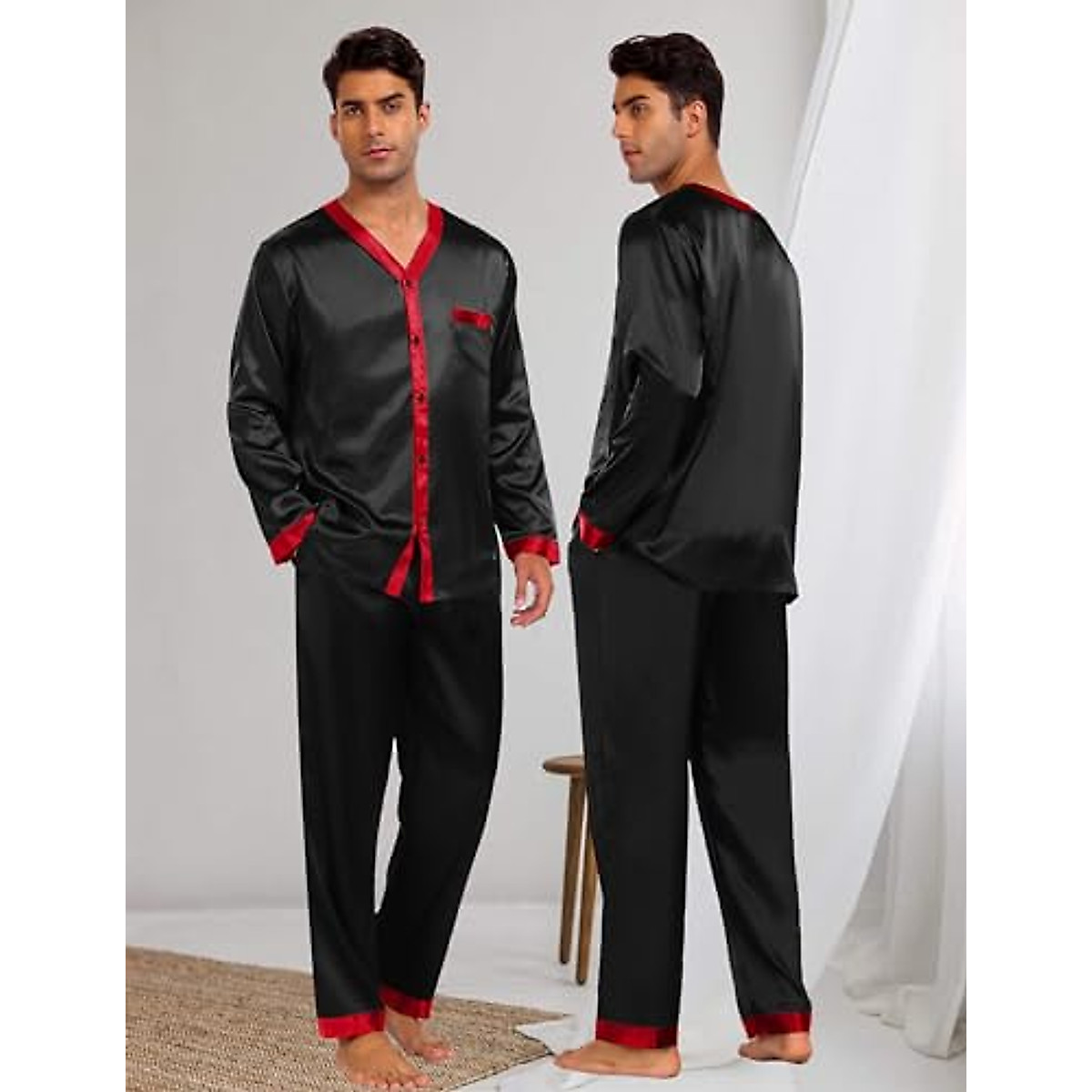 SWOMOG Family Matching Pajamas Sets for Women & Men Couples 2 Pcs Silk Satin Pjs Sets Button-Down Sleepwear Soft Loungewear