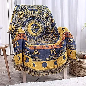 Erke 50" X 70" Double Sided Cotton Woven Couch Throw Blanket Featuring Decorative Boho Tassels - Zodiac Constellations, Yellow/Blue