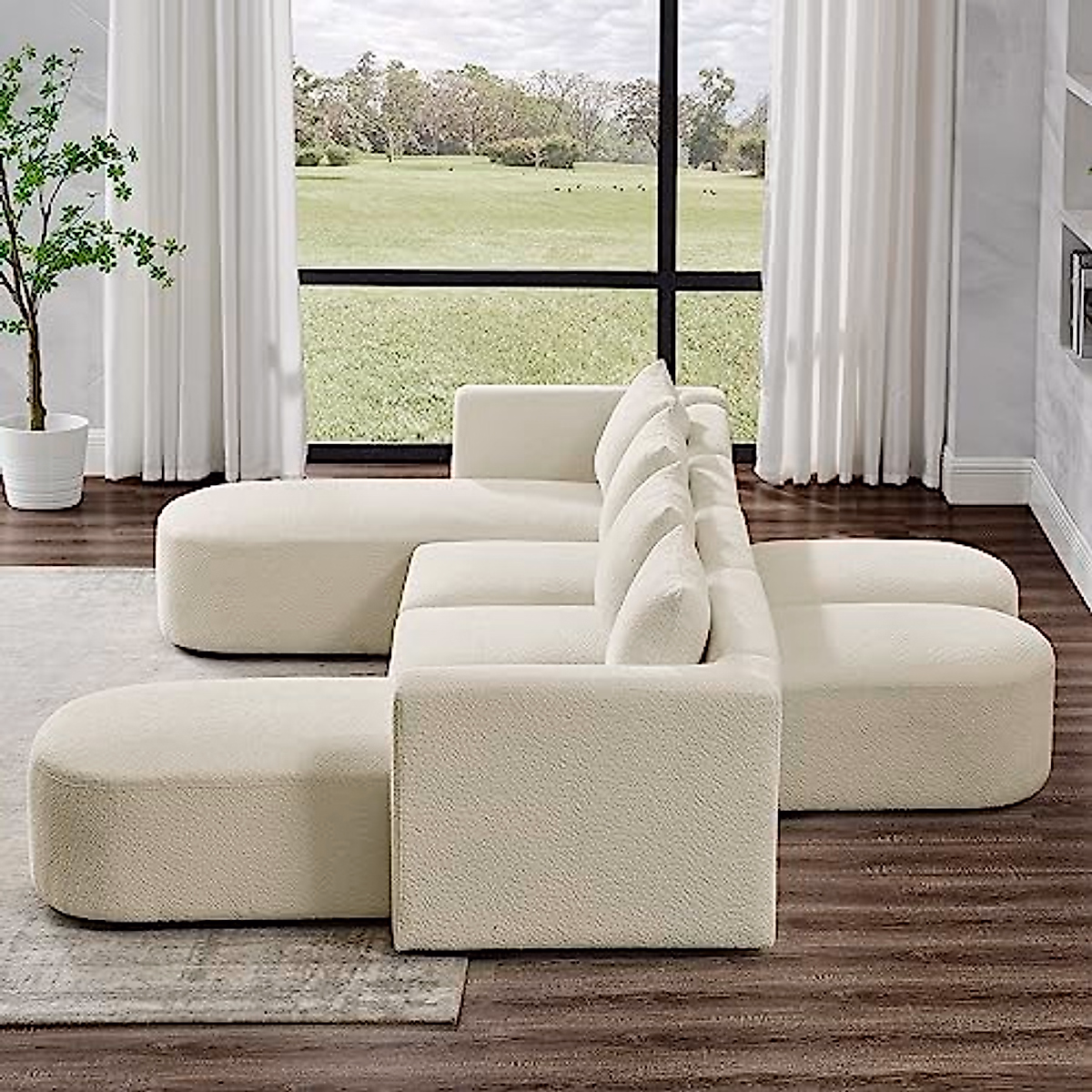 Goohome Modular U-Shape Sectional Set, Modern Couches for Living Room, Upholstered Loop Yarn Fabric Cloud Sofa with 2 Single Seat, Chaises and Two Ottomans, DIY Combination, for Office, C-Beige d