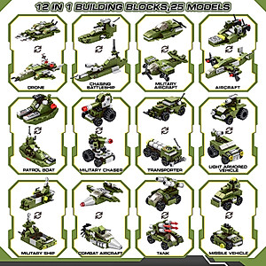 WIDELAND STEM Building Block Toys, 576PCS Military Engineering Building Bricks Toy for Kids, 25-in-1 Army Destroyer Fighter Tank Playset Construction Kits, Idea Toy Gifts for Age 6 7 8 9 10+ Years Old