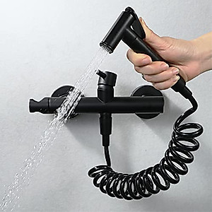 MINJING Black Hand Held Bidet Sprayer for Toilet, Brass Bathroom Shower Attachment Set, Wall Mount Bidet Faucet with Hot and Cold Water, Single Handle Cloth Diaper Sprayer
