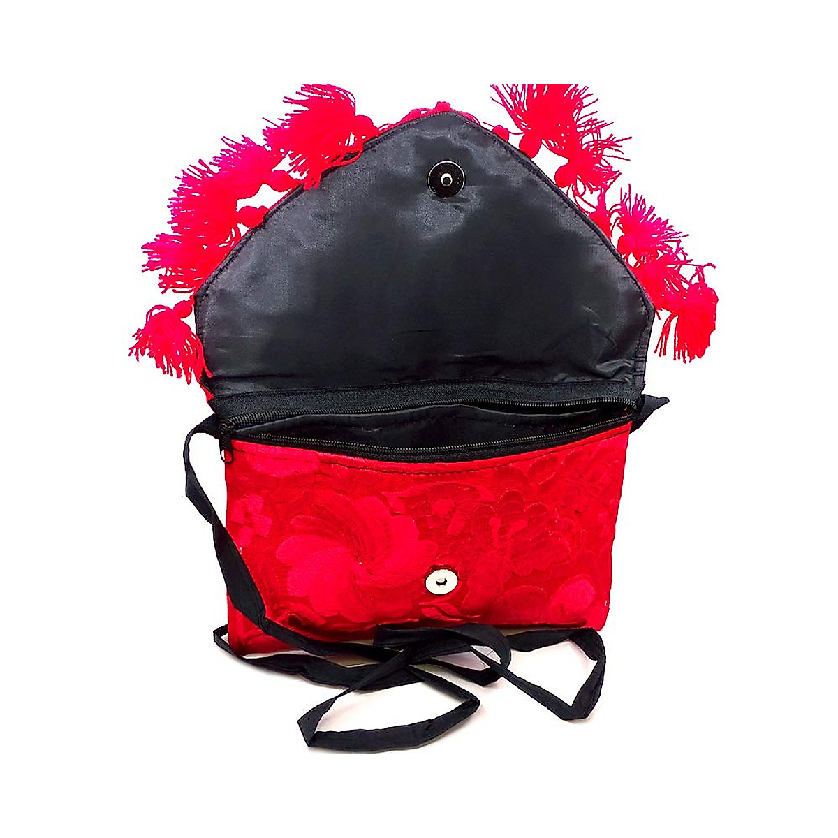 Floral Embroidered Pom Tassel Fringe Slim Envelope Clutch Purse Crossbody Strap Bag - Women Fashion Handmade Boho Accessories (Red)