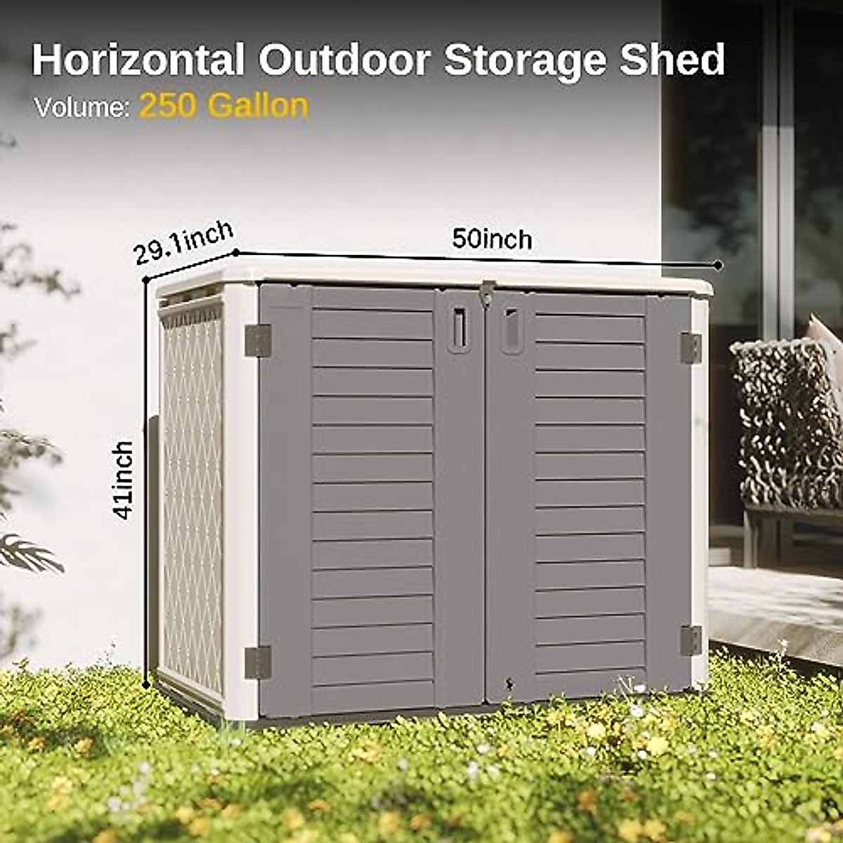 EAST OAK Outdoor Storage Shed, Waterproof Resin Tool Shed with Double Doors and Padlock, 34Cu.ft Horizontal Outdoor Storage Cabinet for Garden, Patio, Backyard, 4×2.5×3.4 FT