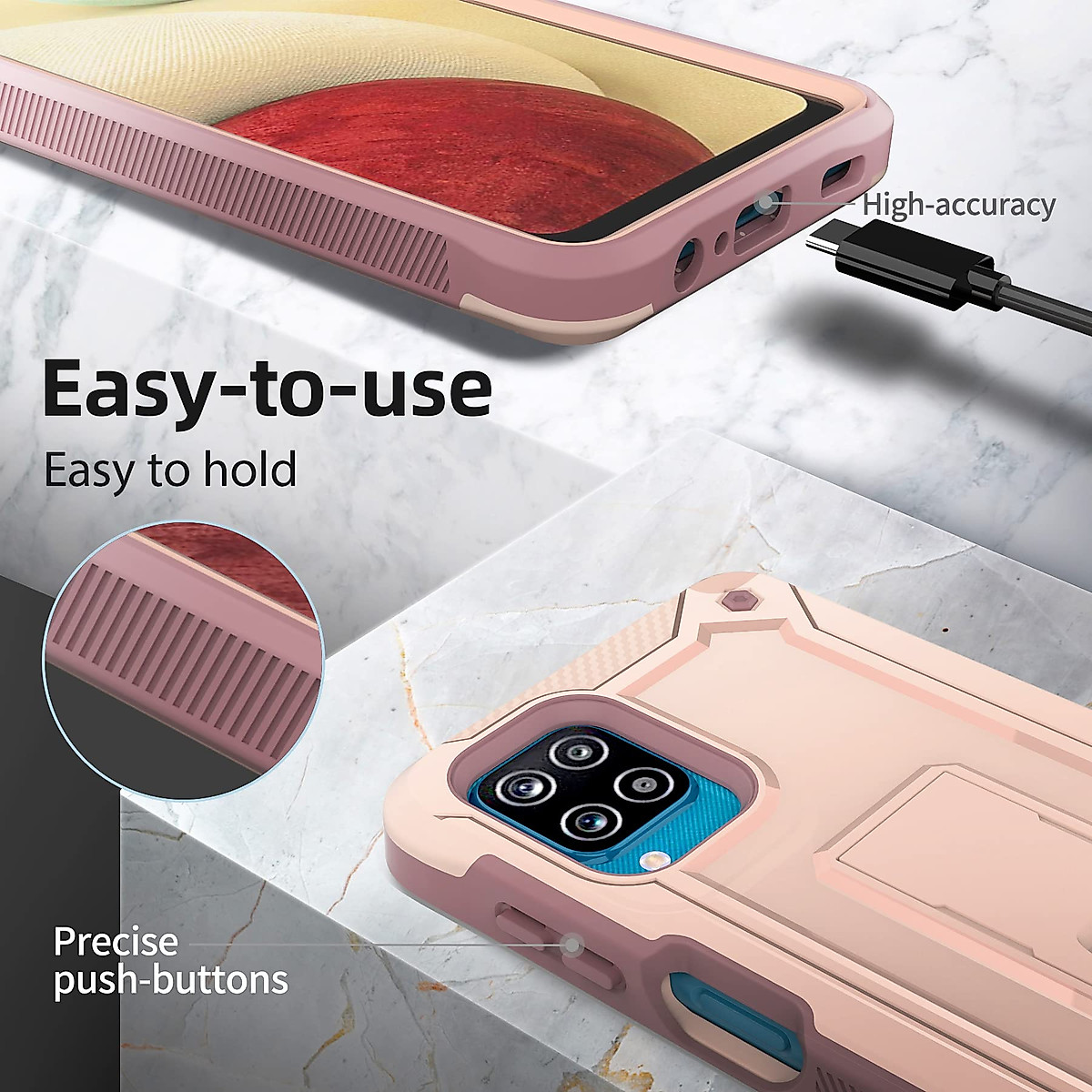 URBANITE for Samsung Galaxy A12 Case with Built-in Screen Protector, Full Body Heavy Duty Protective Cover Case with Kickstand fits Samsung A12 Phone (Pink)