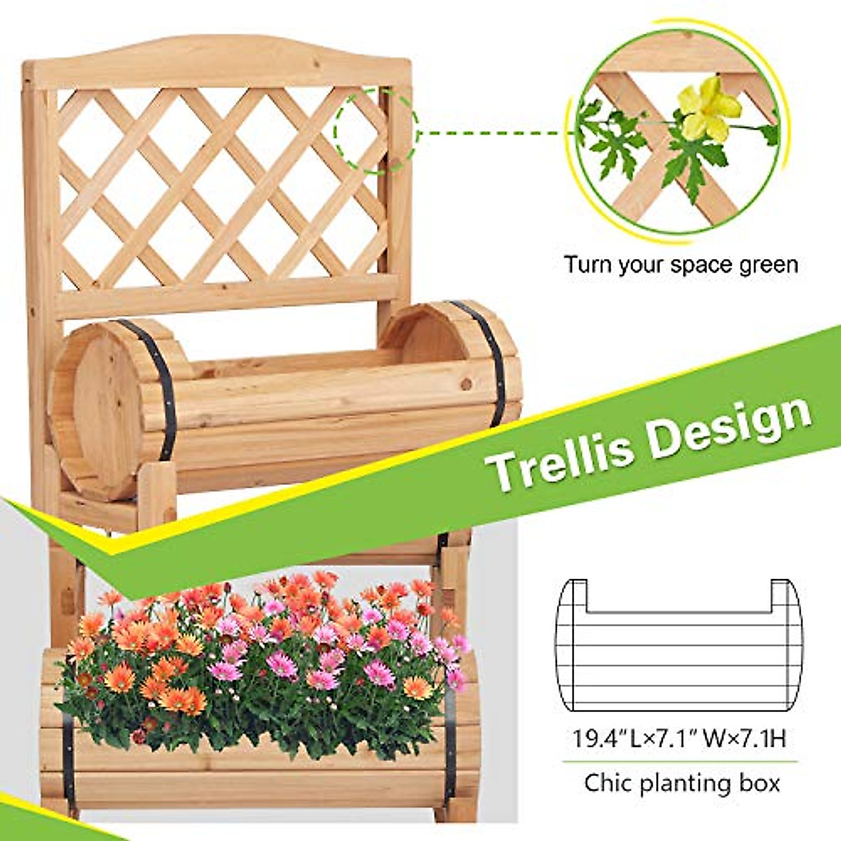 Kinbor Outdoor Wood Raised Garden Bed Planter Box with Trellis for Climbing Plants Growing, Greenhouse Garden Balcony Patio Yard, 19.7’’ X 15.7’’ X 31.5’’