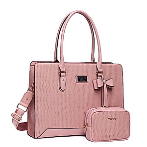 MOSISO Laptop Tote Bag for Women, 15.6 inch PU Leather Laptop Bag Compatible with MacBook, HP, Dell, Asus Notebook, Large Capacity Woven Travel Work Office Computer Briefcase & Clutch Purse, Pink