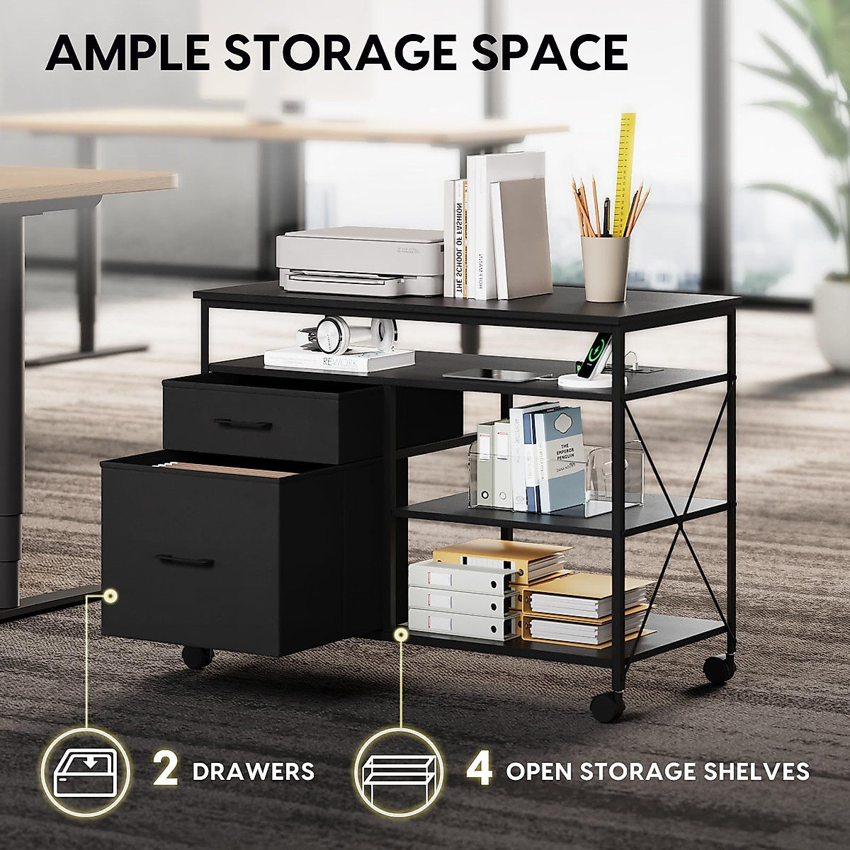 WASAGUN 2 Drawer Fabric File Cabinet, Rolling Printer Stand with Charging Station and 4 Open Storage Shelves, Mobile Lateral Filing Cabinet fits A4 or Letter Size, for Home Office, Brown