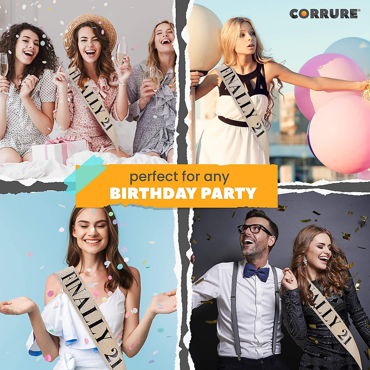 CORRURE 'Finally 21' Birthday Sash With Glitter - Gold Sash with Black Foil 21st Birthday Sash for Men and Women - Ideal Twenty One Sash Party Favors Supplies and Decorations for Your 21 Bday Party