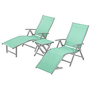 VredHom 3PCS Patio Chaise Lounge & Side Table Set, Outdoor Lounge Chair with End Table Recliner with 8-Positions Adjustable Backrest & Foldable Footrest,Green Textliene & Grey Aluminum Frame