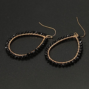 Bohemian Boho Beaded Teardrop Dangle Drop Earrings Hollow Sparkly Crystal Gold Wire Wrapped Crystal Earrings for Women Statement Jewelry-black