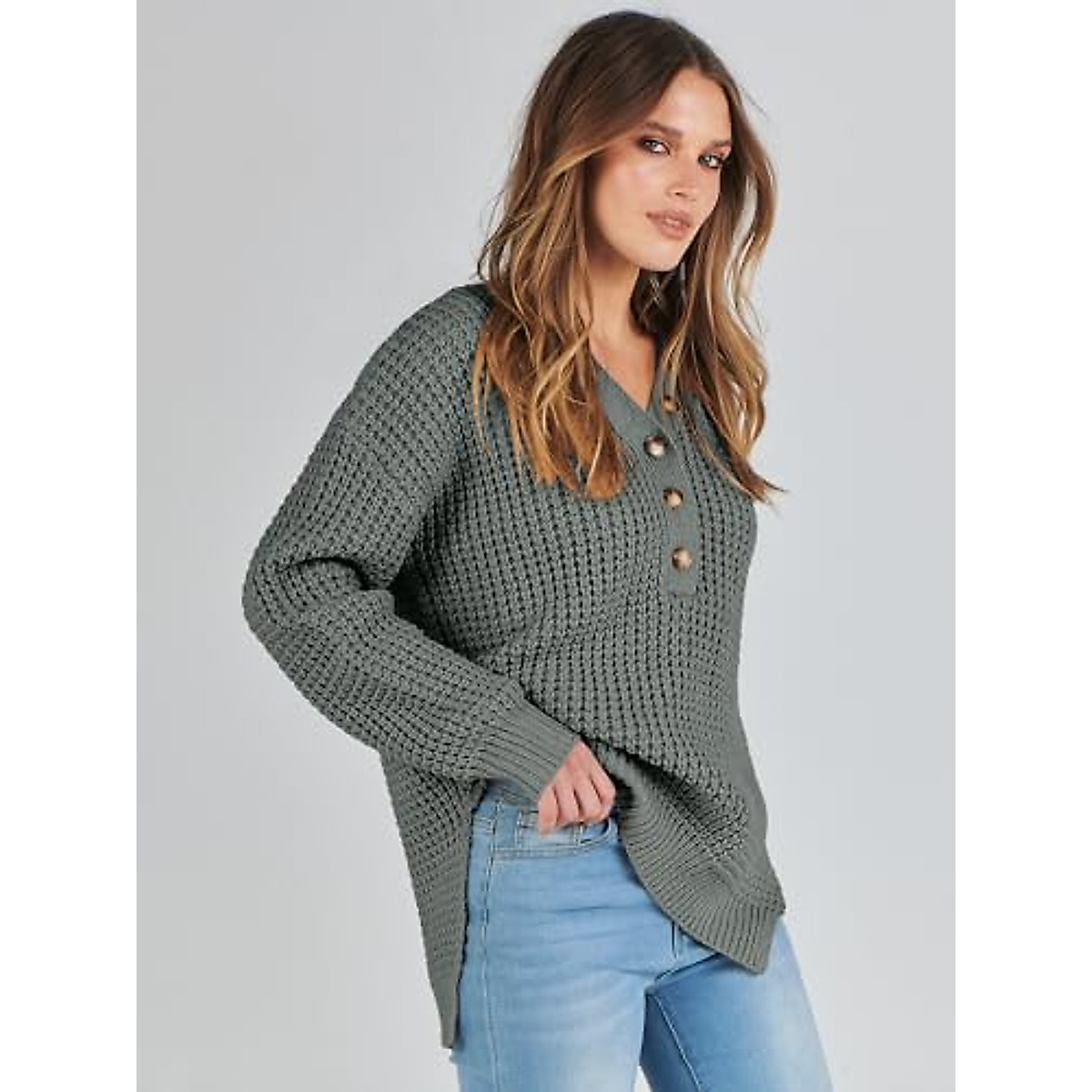 ANRABESS Womens Oversized Sweater Long Sleeve Loose V Neck Button Jumper Casual Waffle Side Slit Knit Pullover 2024 Clothes X-Large Gray Green