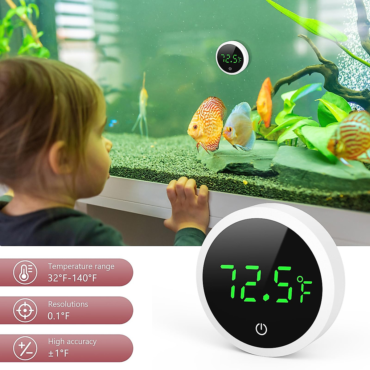 LOFICOPER Aquarium Thermometer, Digital Fish Tank Thermometer, Stick-on Reptile Thermometer with LED Touch Screen, Battery, for Fish, Aquatic Pets, Axolotl, Turtle, ℉