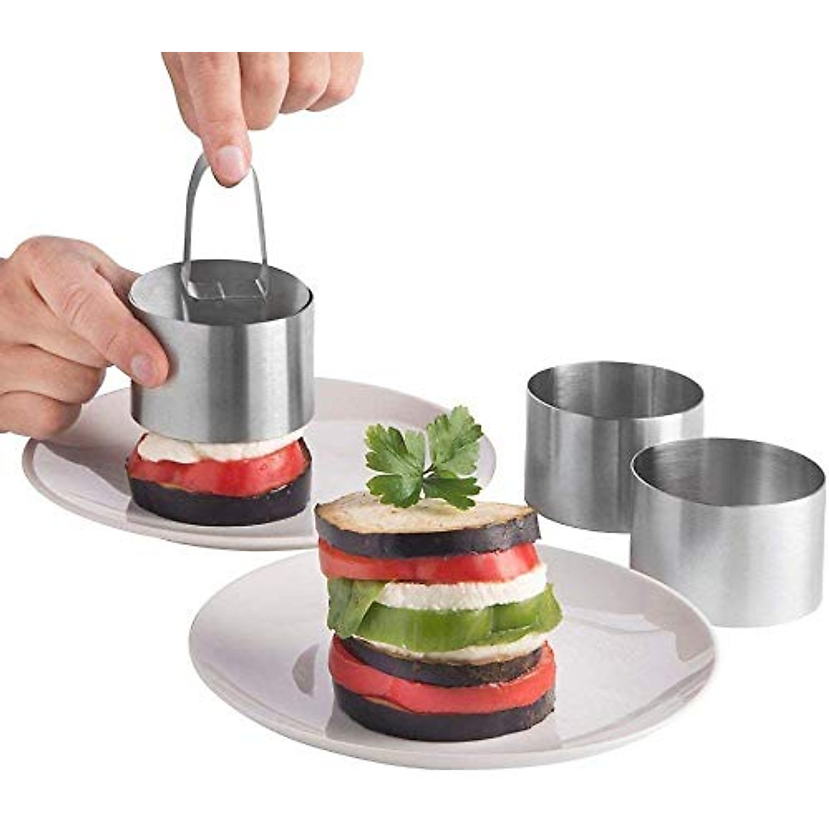 Round Cake Rings Cake Molds Set of 8, Stainless Steel Mousse and Pastry Mini Baking Ring Mold, Food Rings Dessert Rings Set Including 8 Rings & 8 Food Presses,3.15"x1.57"