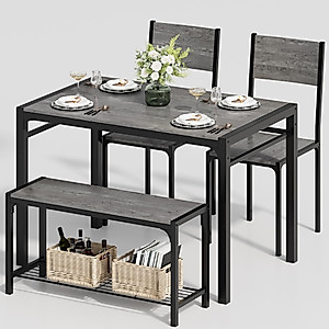 Furmax Dining Table Set for 4, Modern Kitchen Table Bench and Chairs Rectangular Dining Room Table Set with Storage Bench for Small Space, Apartment, Restaurant (Grey)
