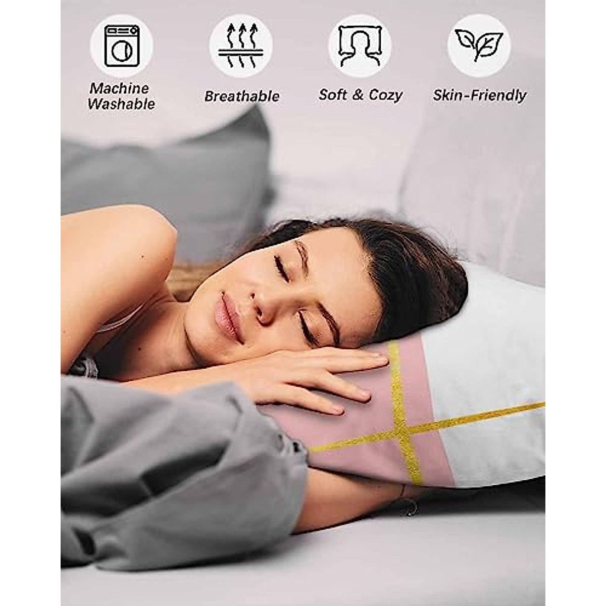 Edwiinsa Pink White Pillow Covers King Standard Set of 2 20x36 Bed Pillow, Luxury Yellow Lace Modern Abstract Art Aesthetics Plush Soft Comfort for Hair/Skin Cooling Pillowcases with Envelop Closure