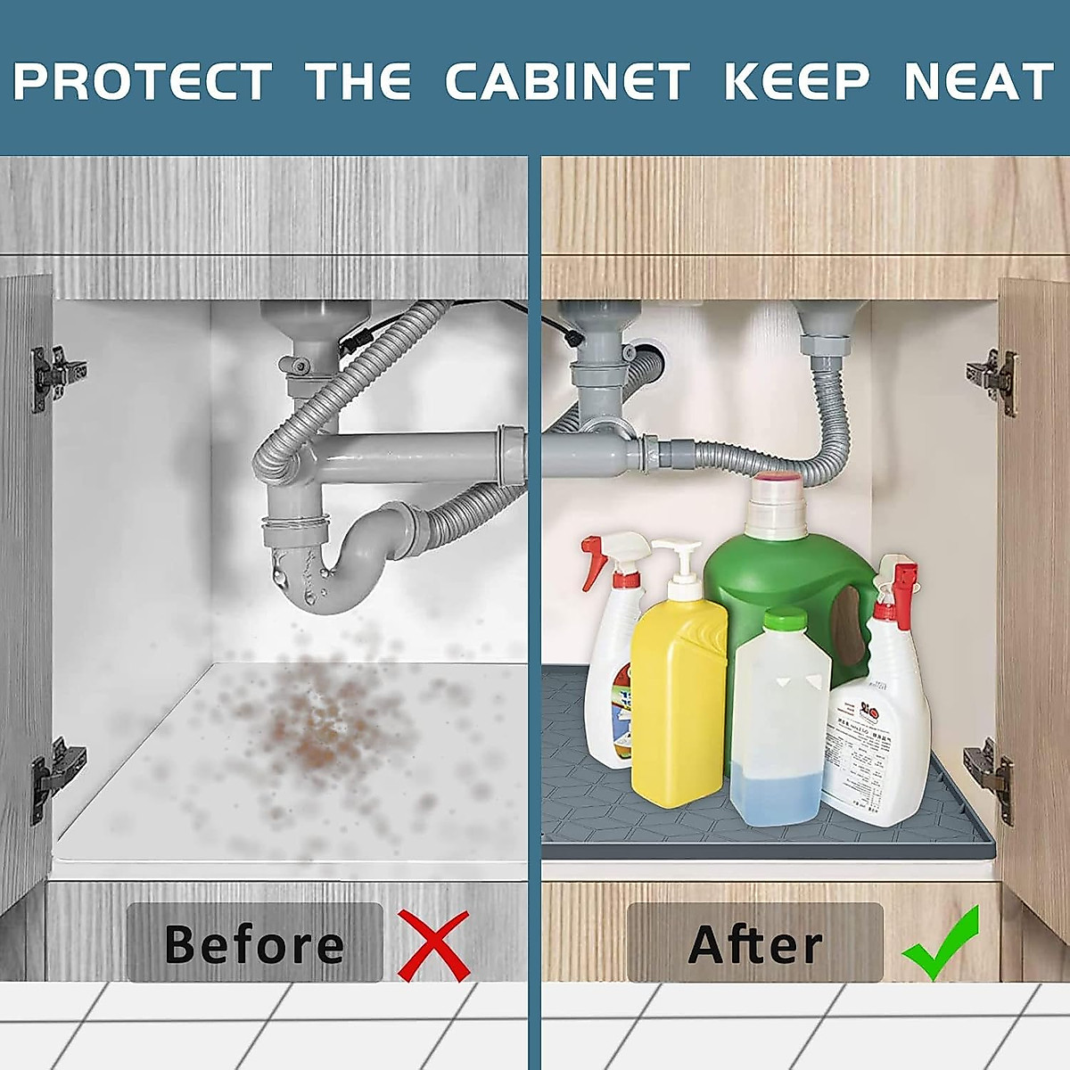 Under Sink Mat for Kitchen Waterproof ，34"x22" Silicone Under Sink Liner Drip Tray with Drain Hole ,Flexible Cabinet Mat and Protector for Kitchen Bathroom，Black