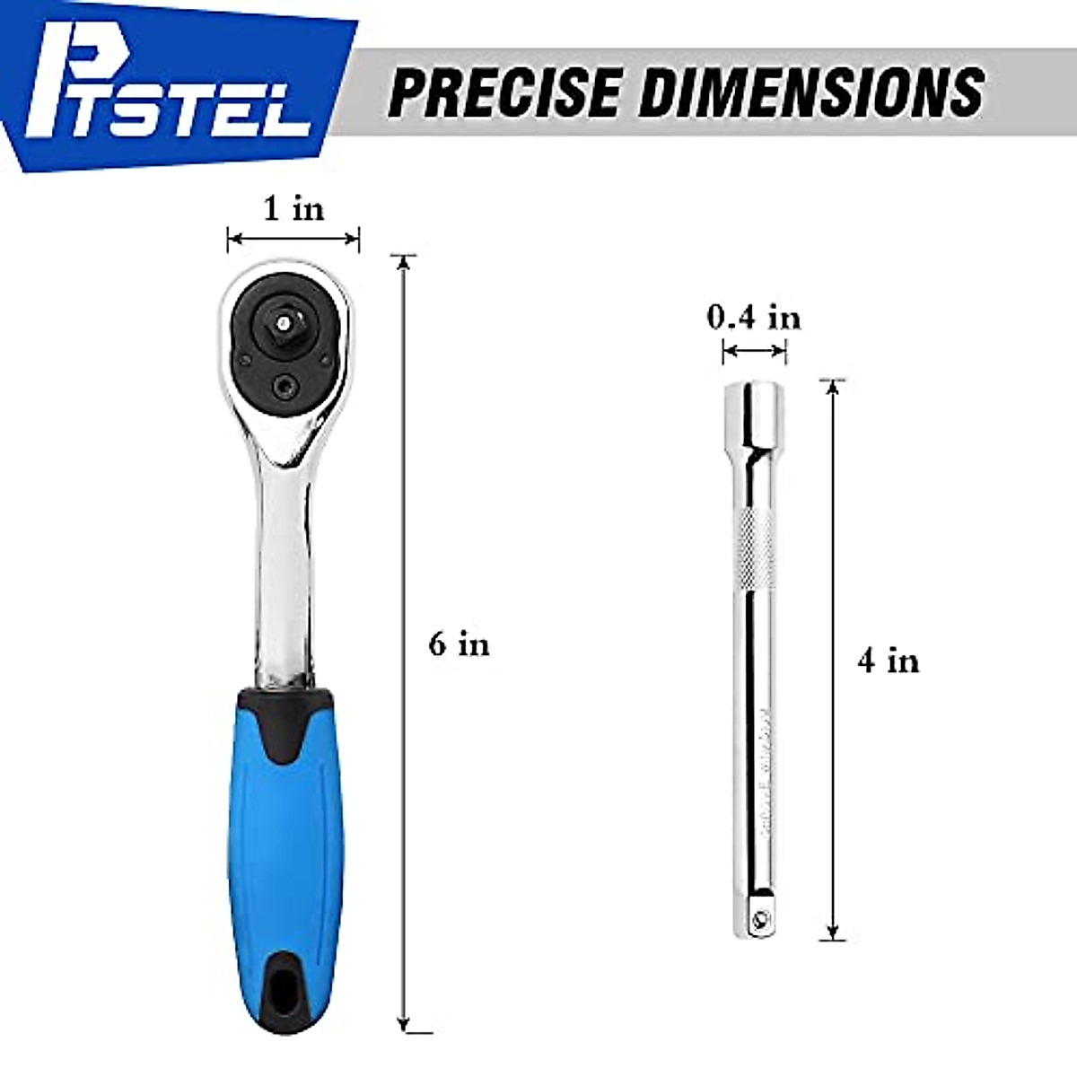 PTSTEL 14 Pieces Socket Wrench Kit, 1/4” Drive Socket Set with 72 Teeth Release Ratchet Wrench and Extension Bar, CR-V Sockets