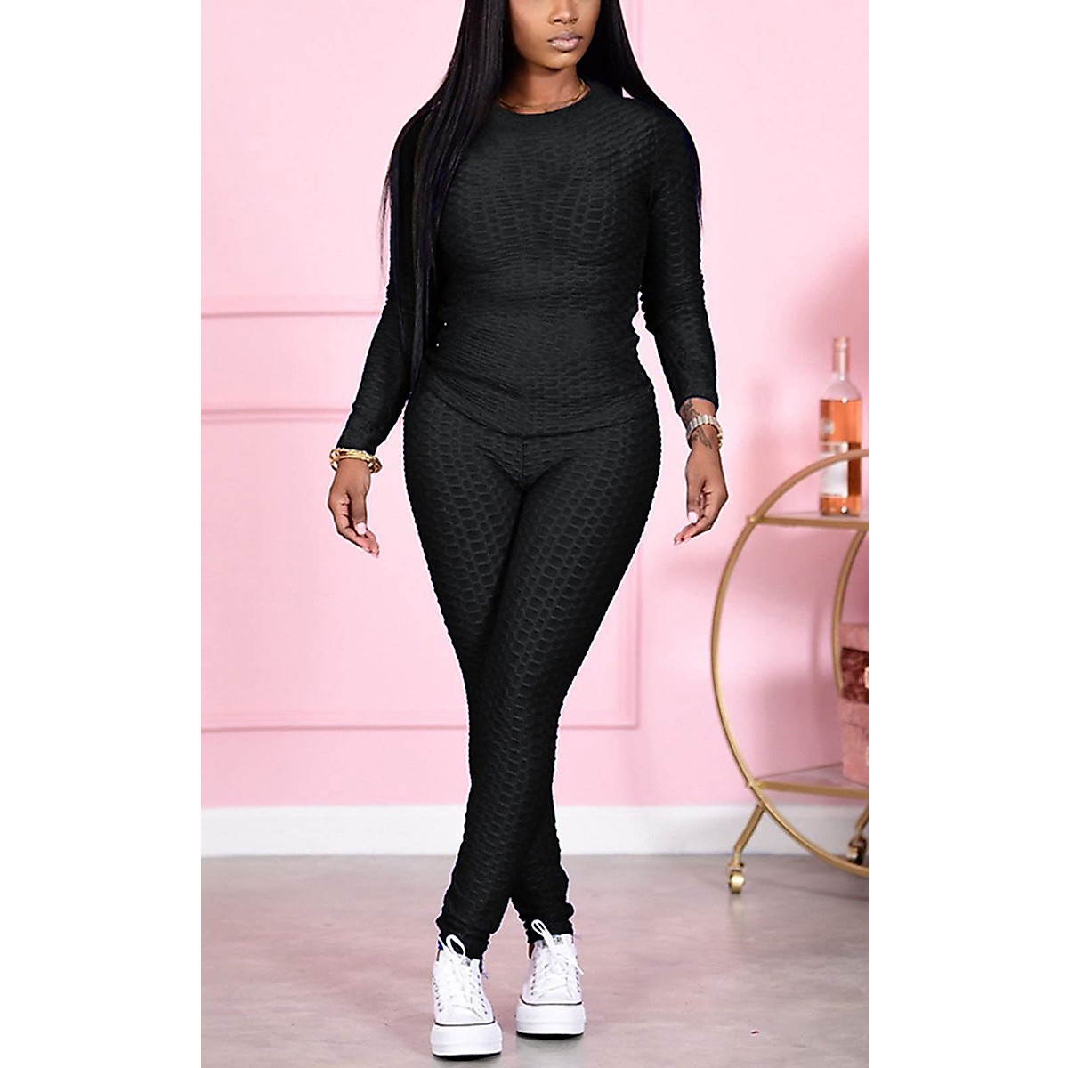 Jogging Suits for Women, Textured Tracksuit Long Sleeve Pullover Shirt and Pants 2 Piece Outfits Set Black L