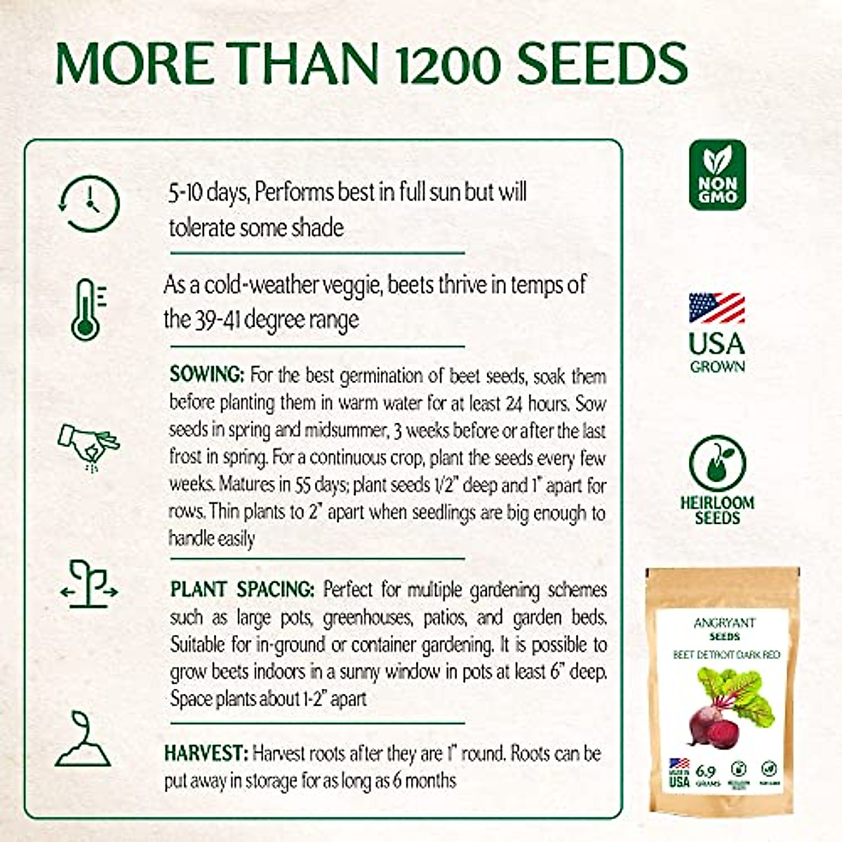 Heirloom Detroit Dark Red Beet Seeds for Planting - 1,200+ Non-GMO Seeds - 100% USA Grown - Suitable for Indoors and Outdoors Home Vegetable Garden - Easy to Grow Sweet Beets with Deep Crimson Flesh