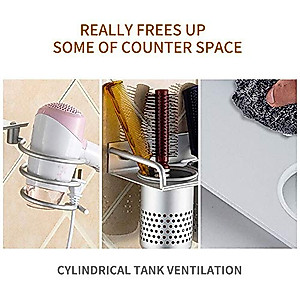 Cavoli Hair Blow Dryer Holder Wall Mounted,Space Aluminum, Nail Free Glue/ Drilling Screw, Bathroom Hanging Rack Organizer with 2 Cups