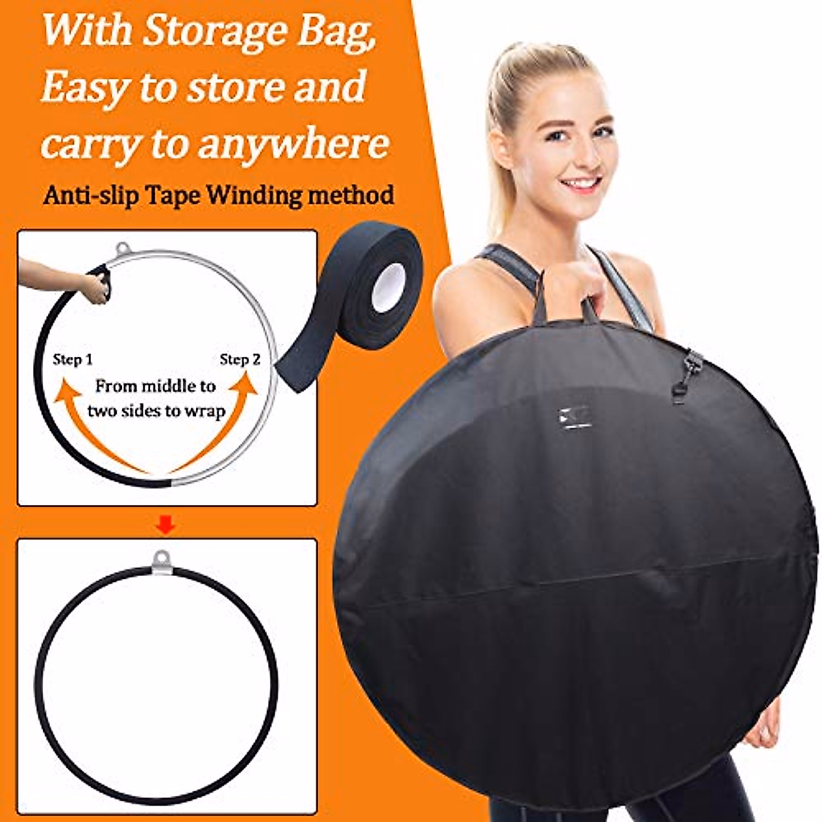 DASKING Aerial Hoop 85cm/90cm Aerial Ring Set Fully Strength Tested 500LBS Single Point Circus Aerial Equipment Yoga Hoop with Accessories and Storage Bag to Carry Yoga Equipment (90CM/25MM)