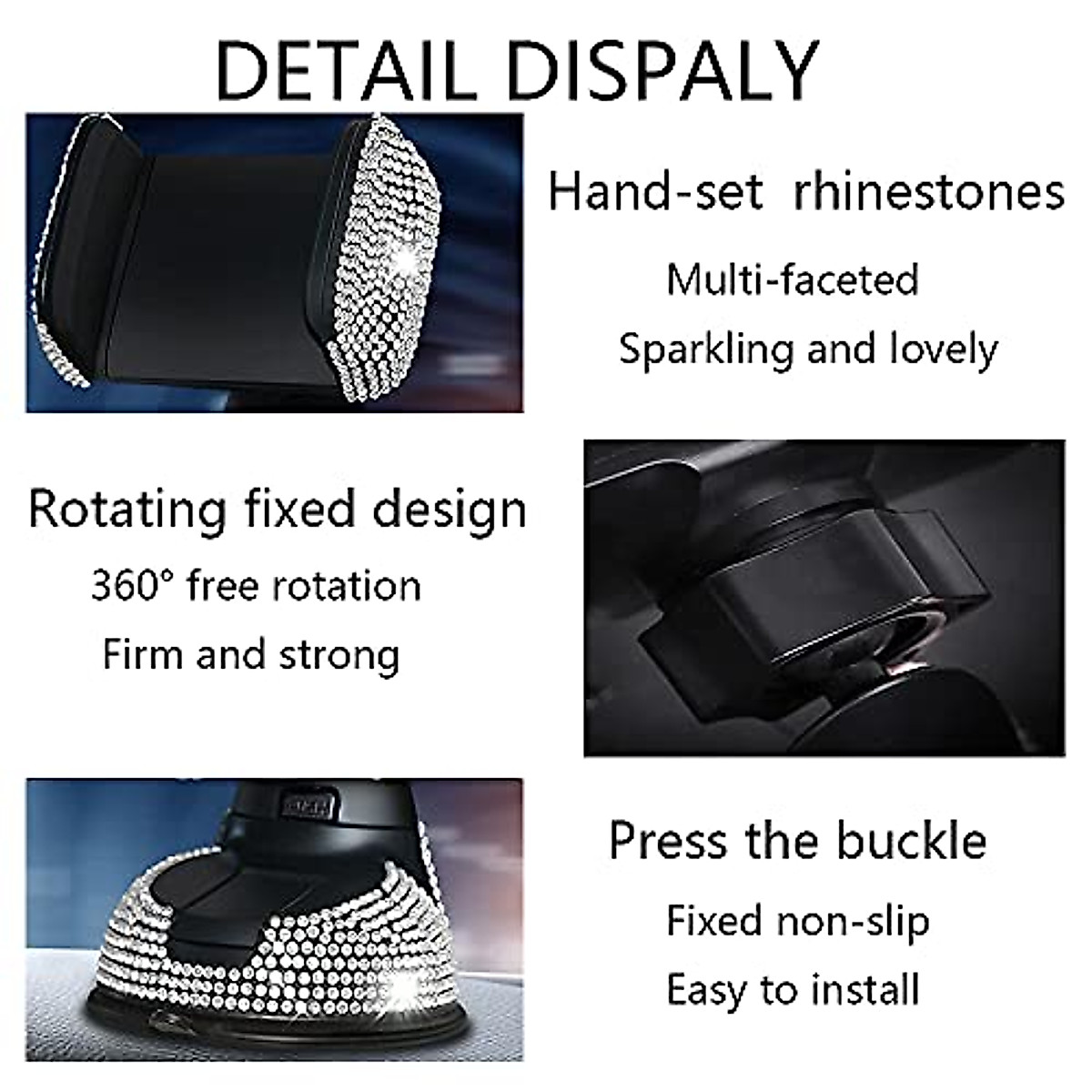 LYCARESUN Bling Car Phone Holder, 360°[Adjustable & Stable] Crystal Universal Phone Mount for Car, Windshield Dashboard Air Vent Car Stand Phone Holder, Mini Car Accessories for Women Girl (White)