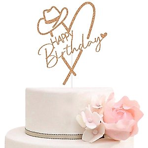 Cowgirl Happy Birthday Cake Topper, Mexican Western Birthday Cake Decor, Fiesta Theme Girls Birthday Party Decorations Rose Gold Glitter