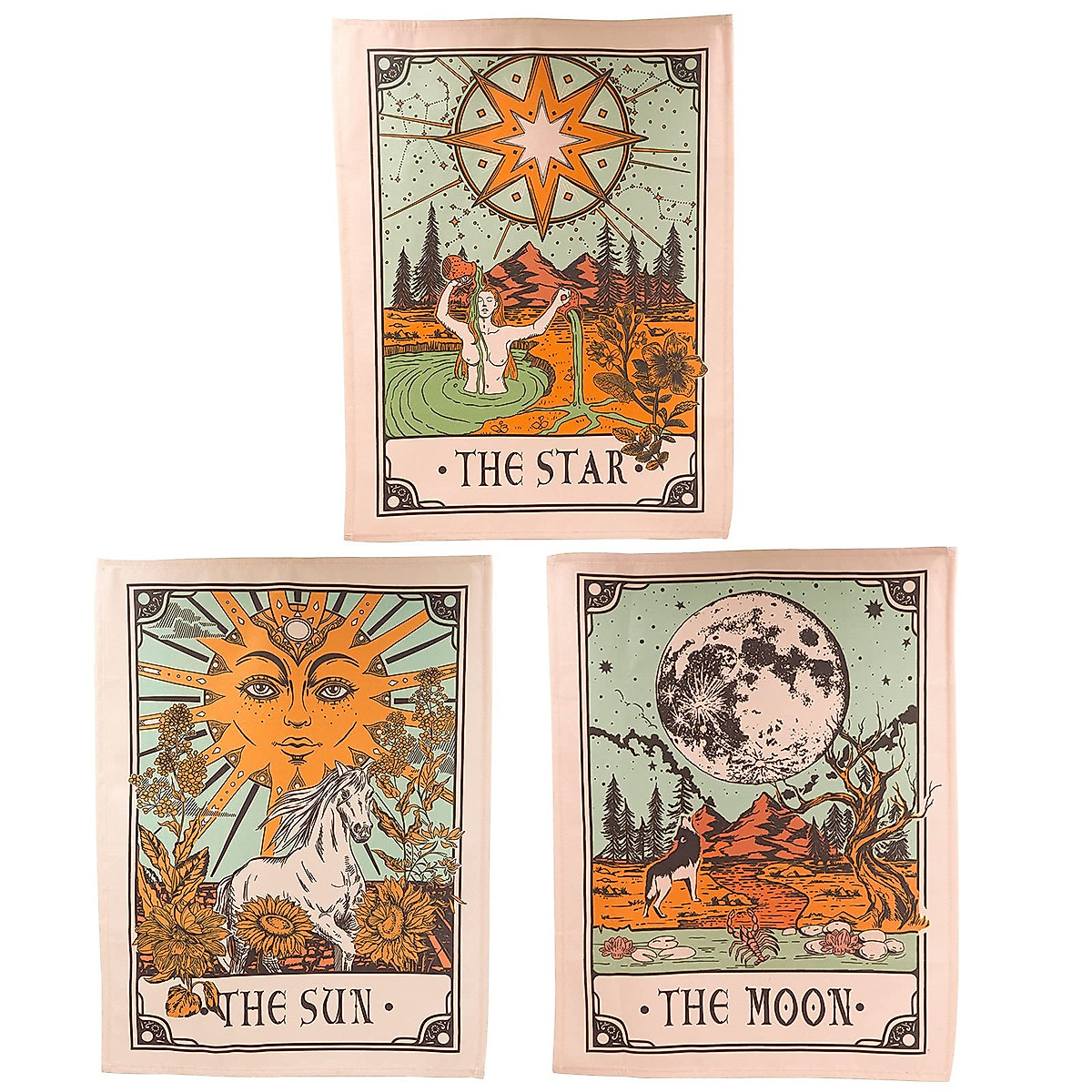 Accnicc 3 Pack Tarot Tapestry, Sun Moon and Star Tarot Card Tapestry, Brown and Beige Tapestry Wall Hanging, Vertical Vintage Aesthetic Wall Tapestry for Room with Steel Grommets (Brown, 20'' × 27'')