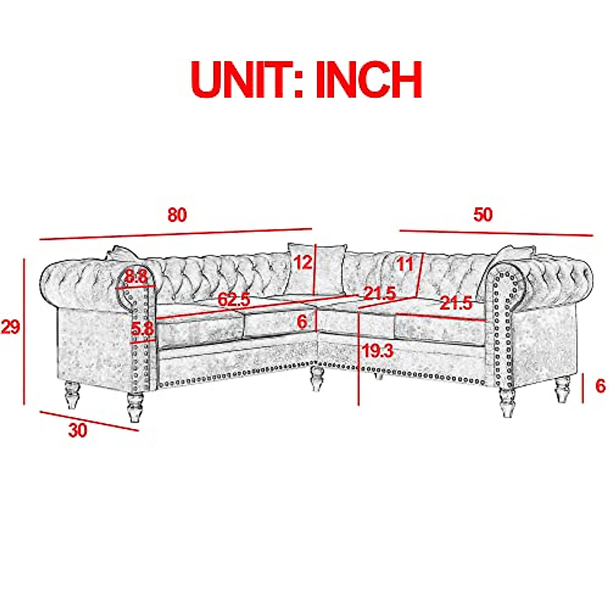 ERYE 80" Symmetrical Sectional, Button Tufted Velvet Upholstered Modular Sofa, Luxury Roll Arm Classic Chesterfield Couch,Nail Head Decor L-Shaped Corner Sofá with 3 Pillows, Grey