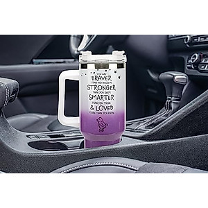 Elanze Designs Pooh Classic Bear Braver Stronger Smarter 40 oz. Stainless Steel, Large Water Bottle Coffee Mug, Spill & Leak Resistant, Thermal Travel Tumbler with Handle, Lid & Straw, White/Purple