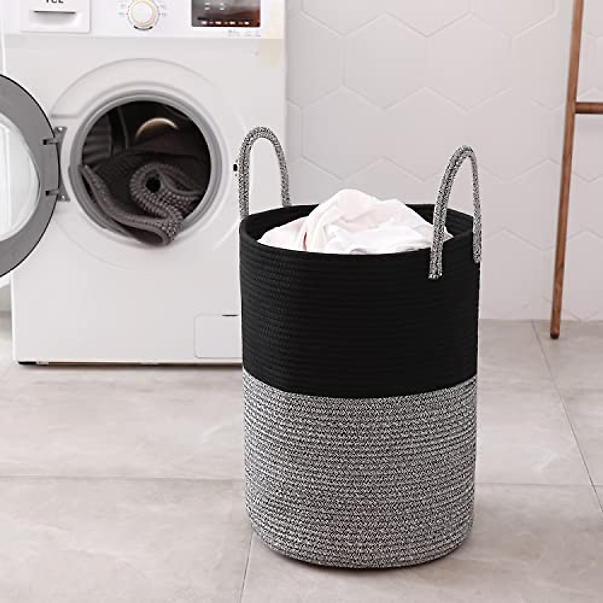 YanZhi Large Tall Cotton Rope Basket,58L Woven Laundry Baskets Storage Bins,Collapsible Thread Clothes Hamper with Durable Handles for Toys,Blanket,Pillows,Books,Baby Nursery & Home Organizer(black)