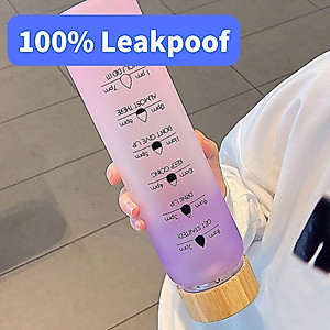 HOLABEAR Glass Motivational Daily Water Intake Bottle with Time Marker 32oz, Reusable, with Leakproof Bamboo Lid and Shoulder Sleeve, for Hot and Cold Drinks, BPA Free(Blue)