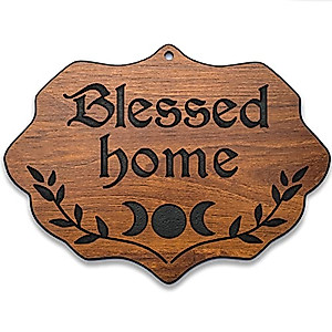 IRISVITA Blessed Home Sign, Wiccan Decor, Witch Decor, Wooden Witchy Room Decor, Farmhouse Wall Decor, Gothic Kitchen Decor, Witchy Home Decor, Gothic Home Decor, 12 Inches By 5 Inches Tall