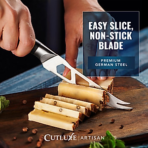 Cutluxe Cheese Knife – 5" Cheese Knife Slicer for Soft and Hard Cheese – Pronged, Serrated & Non Stick Blade – High Carbon German Steel, Full Tang & Ergonomic Handle Design – Artisan Series