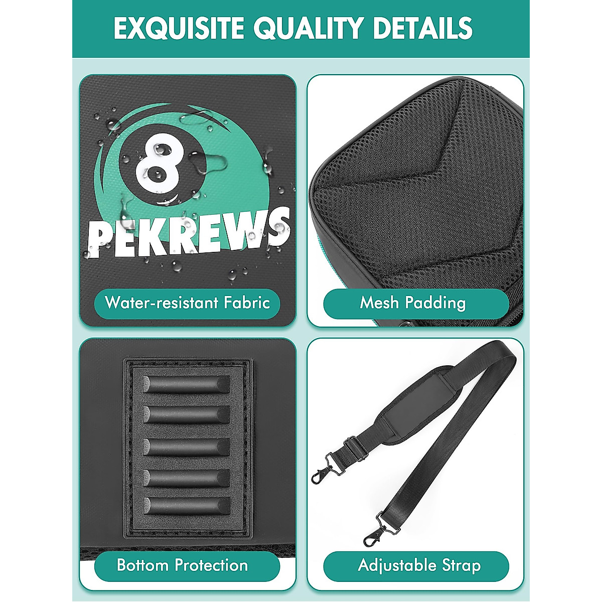 PEKREWS Pool Cue Case 4x4 Pool Stick Bag with Backpack Straps Soft Billiard Cue Carrying Case with Shoulder Strap, Billiard Stick Case Holds 4 Butts 4 Shafts and Billiards Accessories, Black